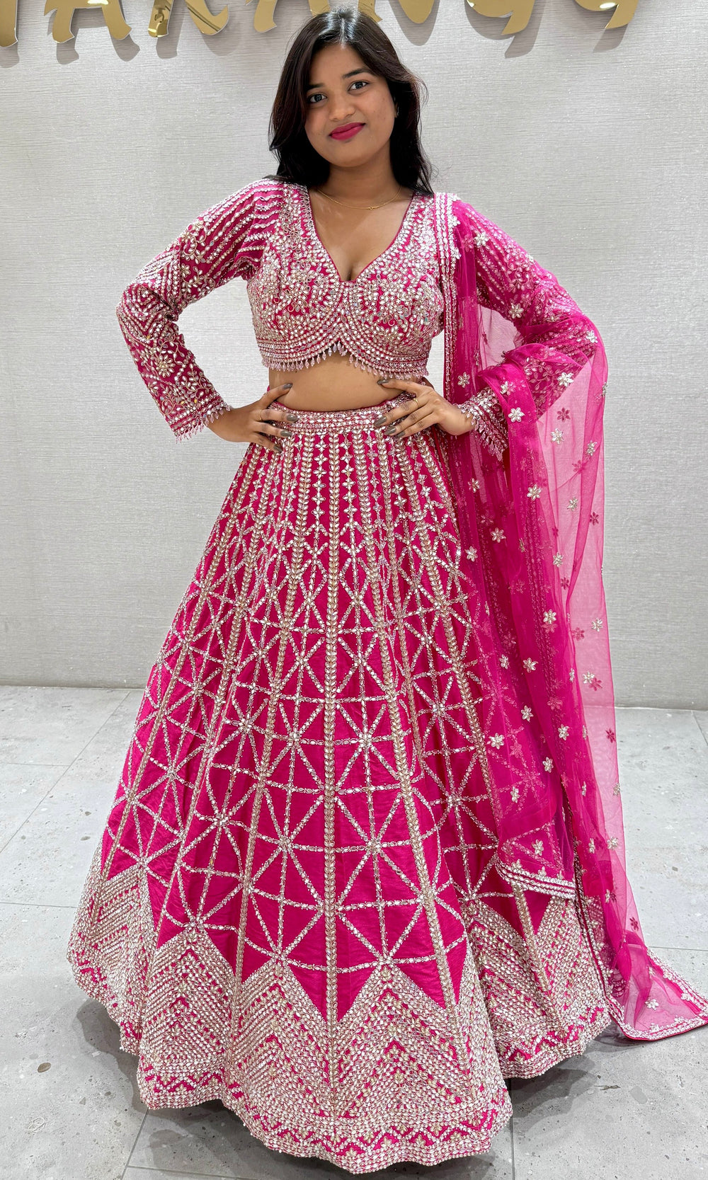 PINK GEOMETRIC SEQUIN LEHENGA WITH DUPATTA