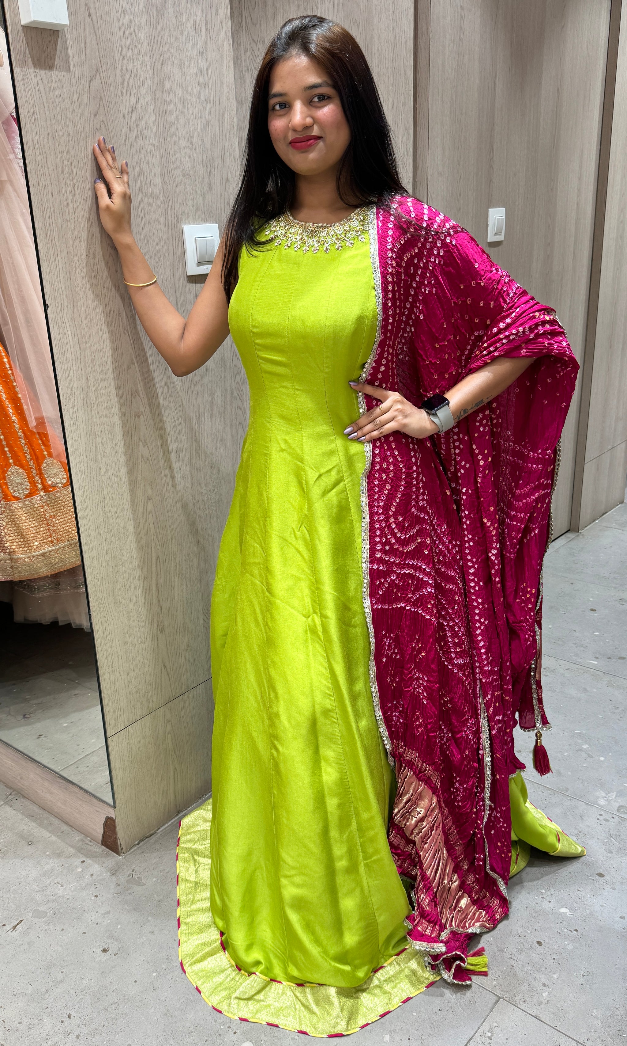 Parrot green long dress with bandhani dupatta