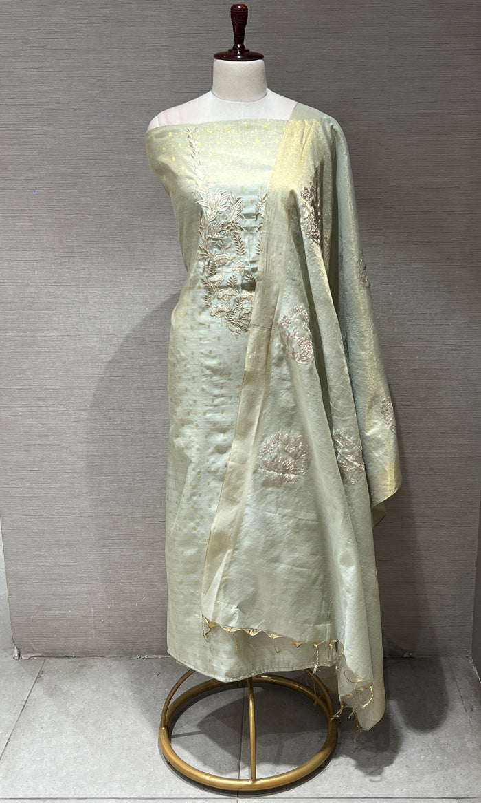 Pista green embroidered dress material