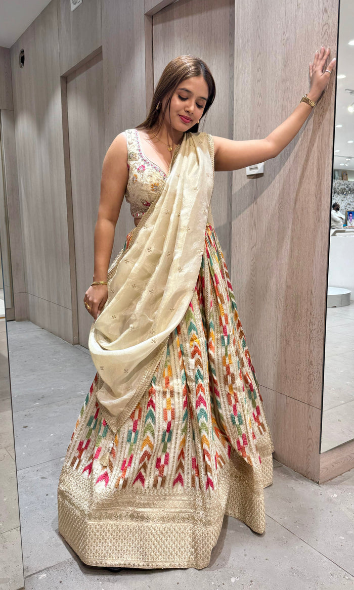 Cream Multi Color Embroidered Lehenga