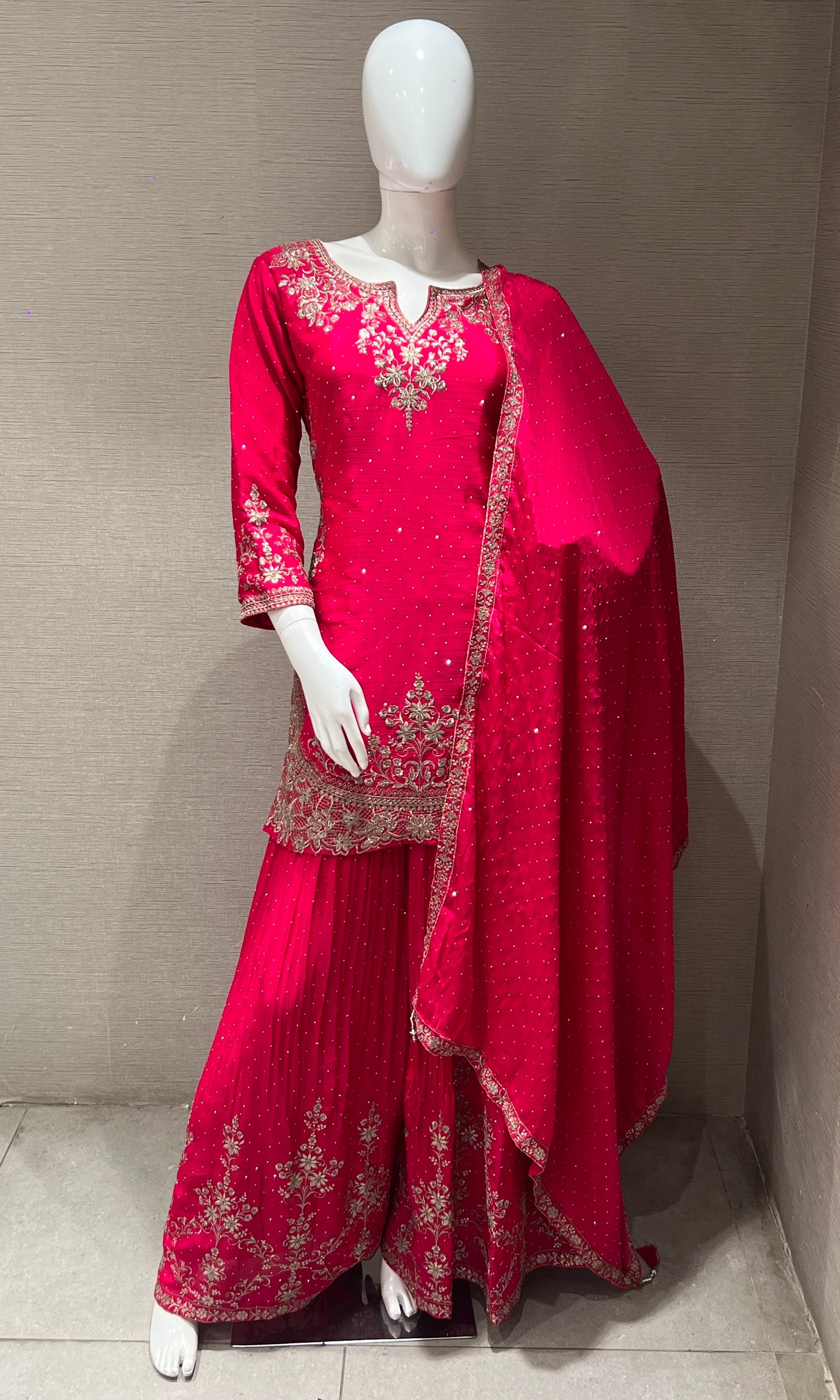 Magenta pink embroidered sharara set
