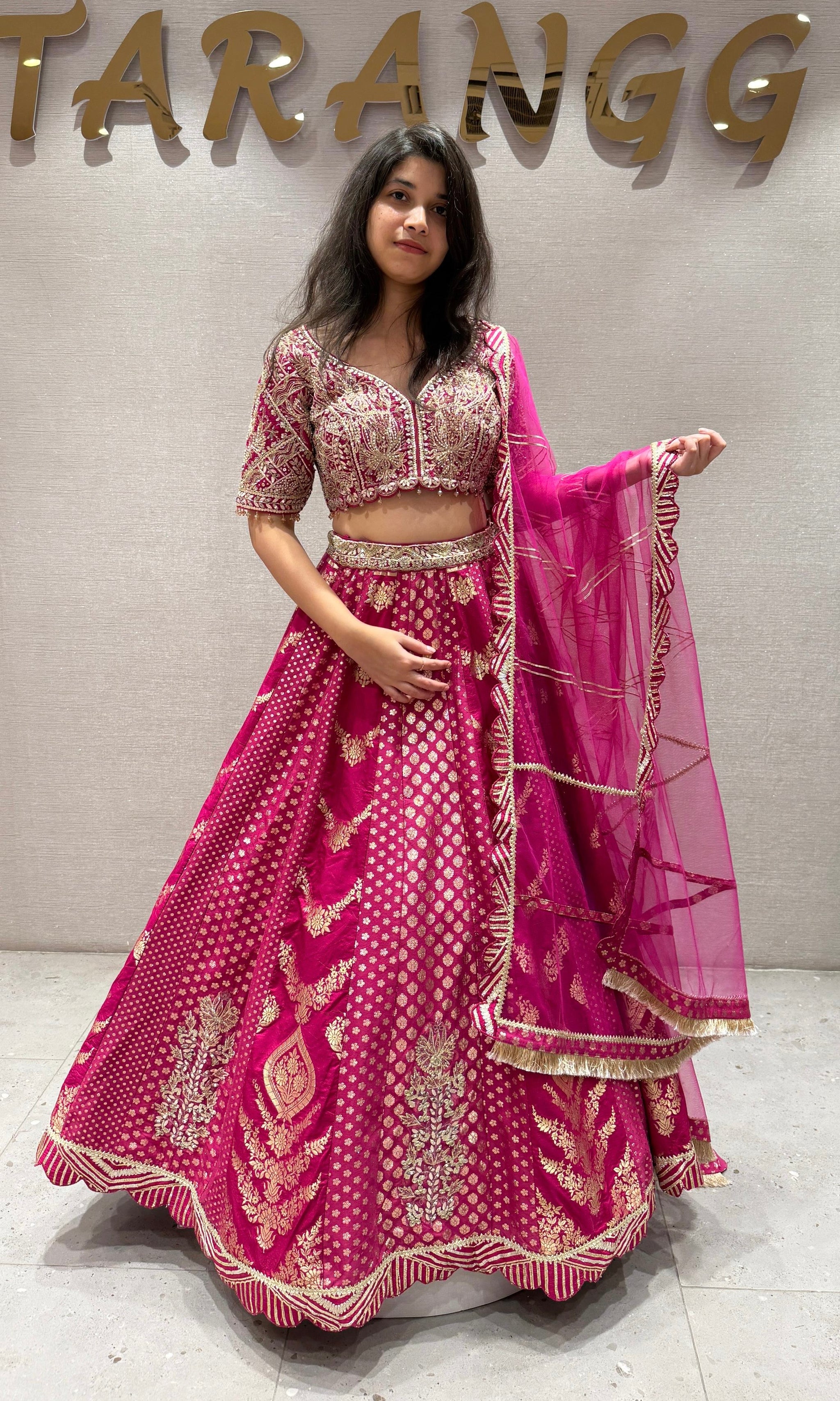 Rani pink Banarasi stone work blouse Lehenga