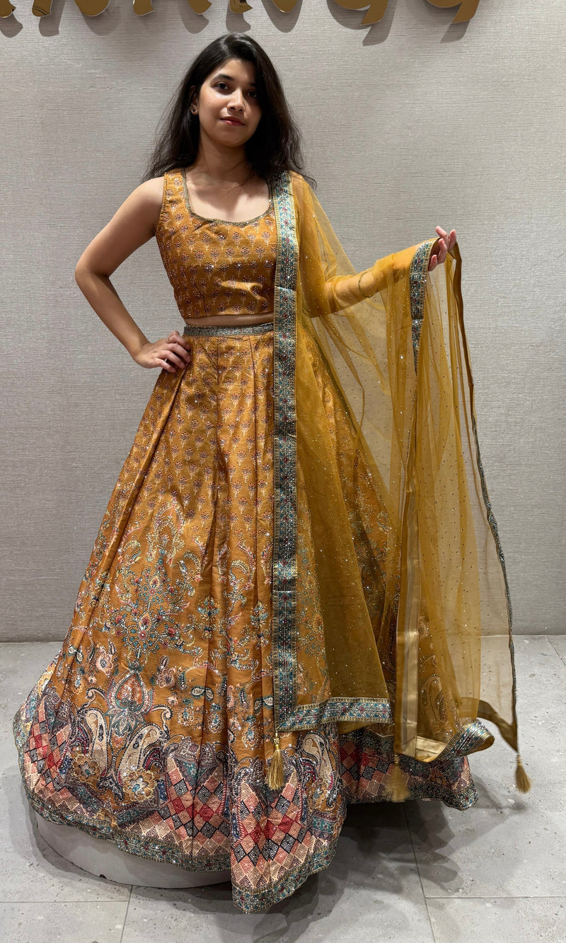 Mustard yellow lehenga with Swarovski crystals