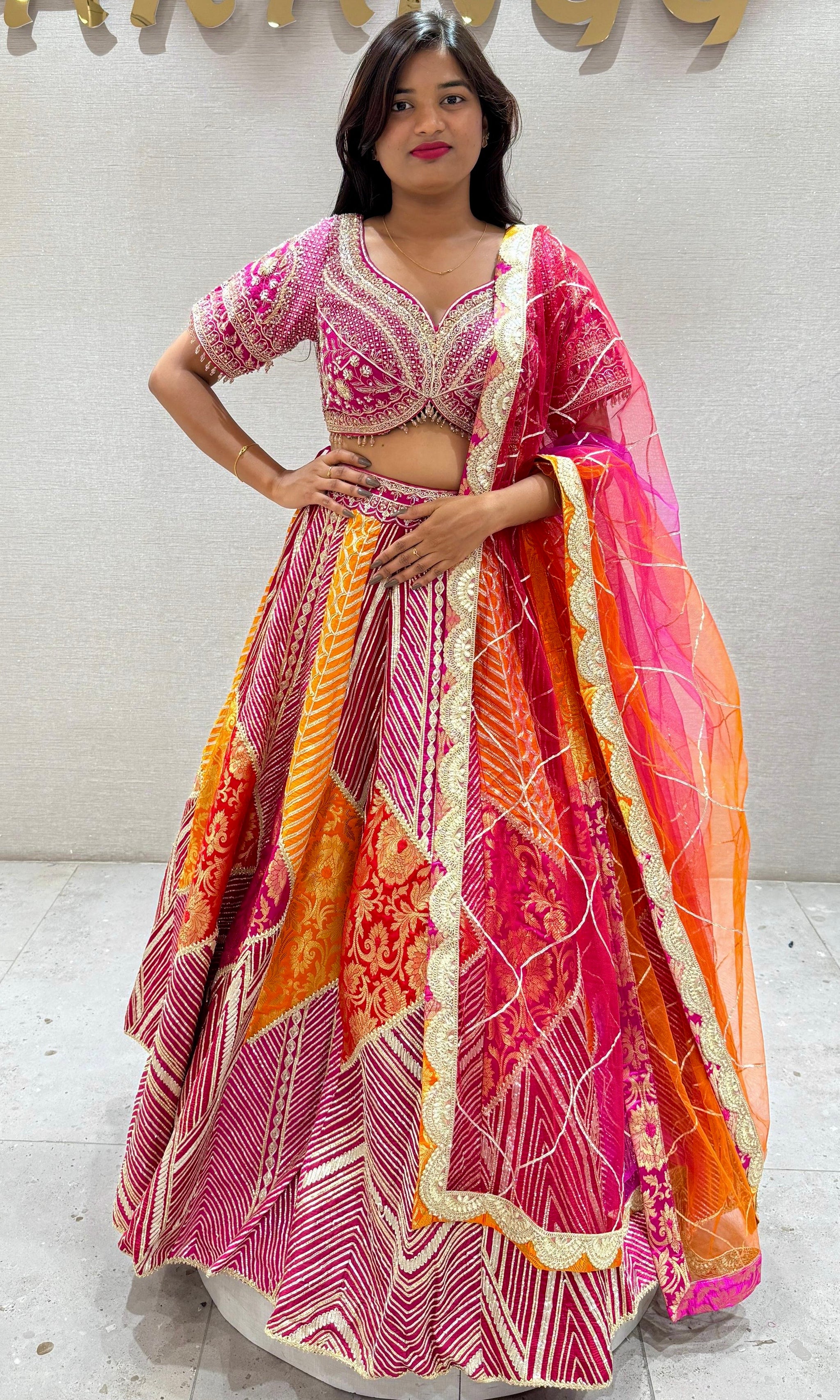 Pink and orange embroidered Lehenga