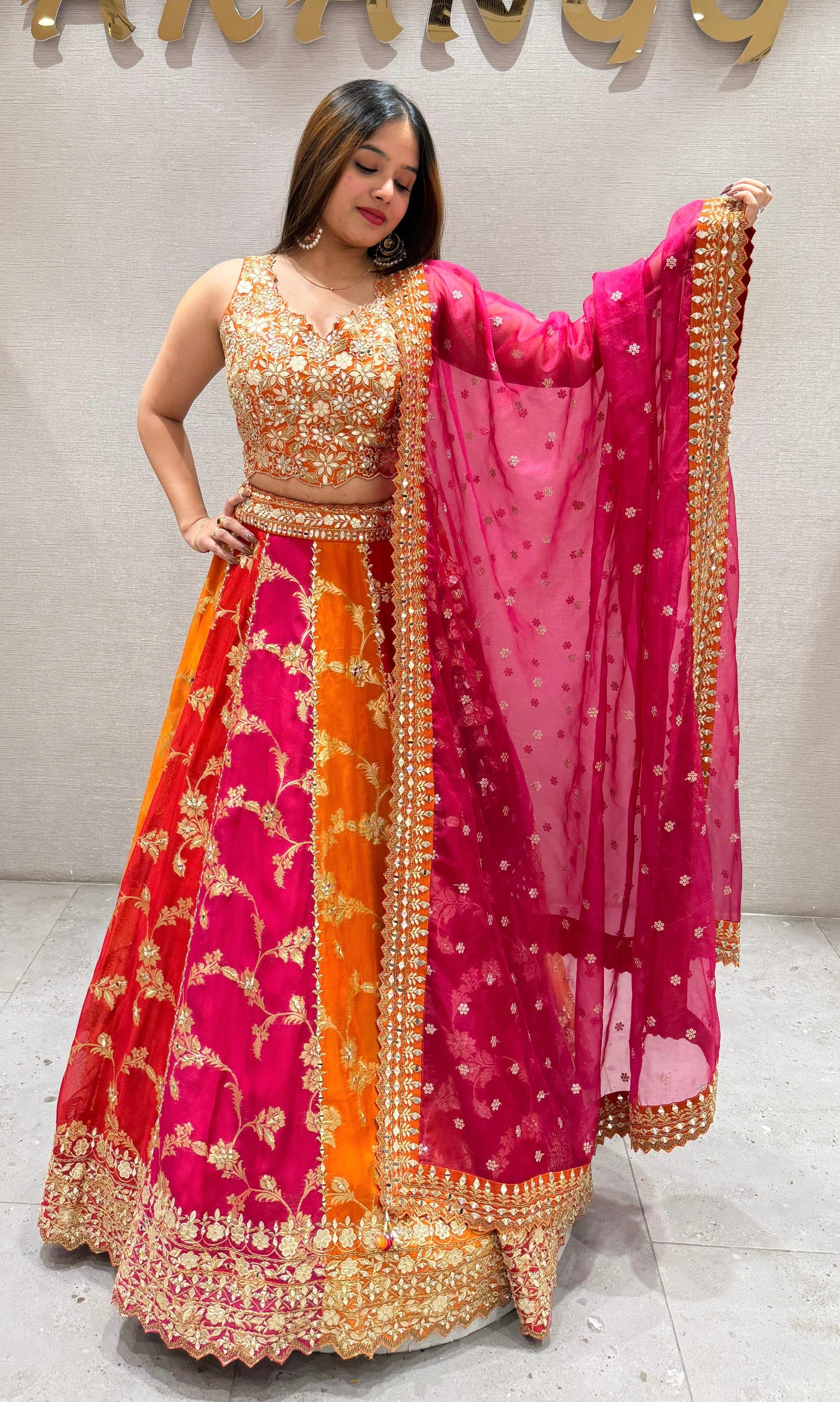 Orange and pink Banarasi Lehenga
