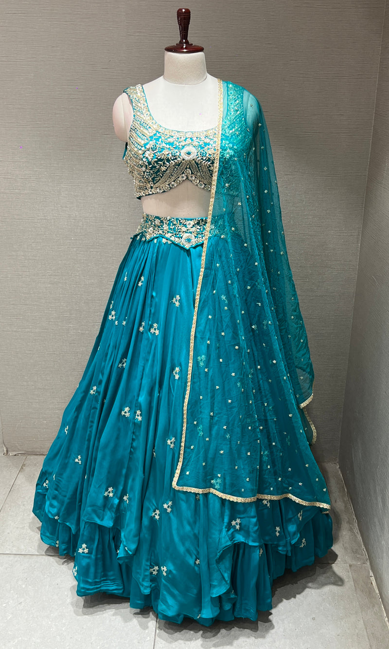 Teal blue gold zari embroidered lehenga