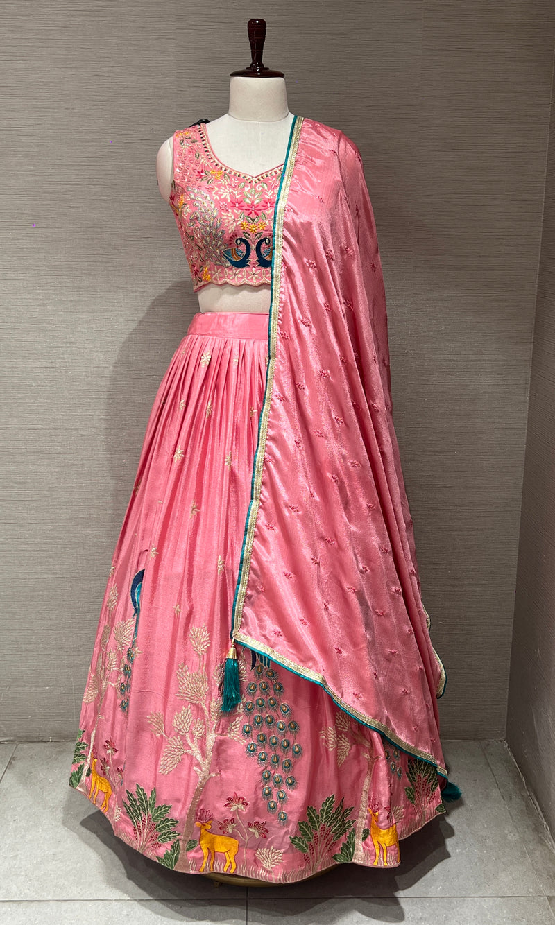 rose pink lehenga with peacock design
