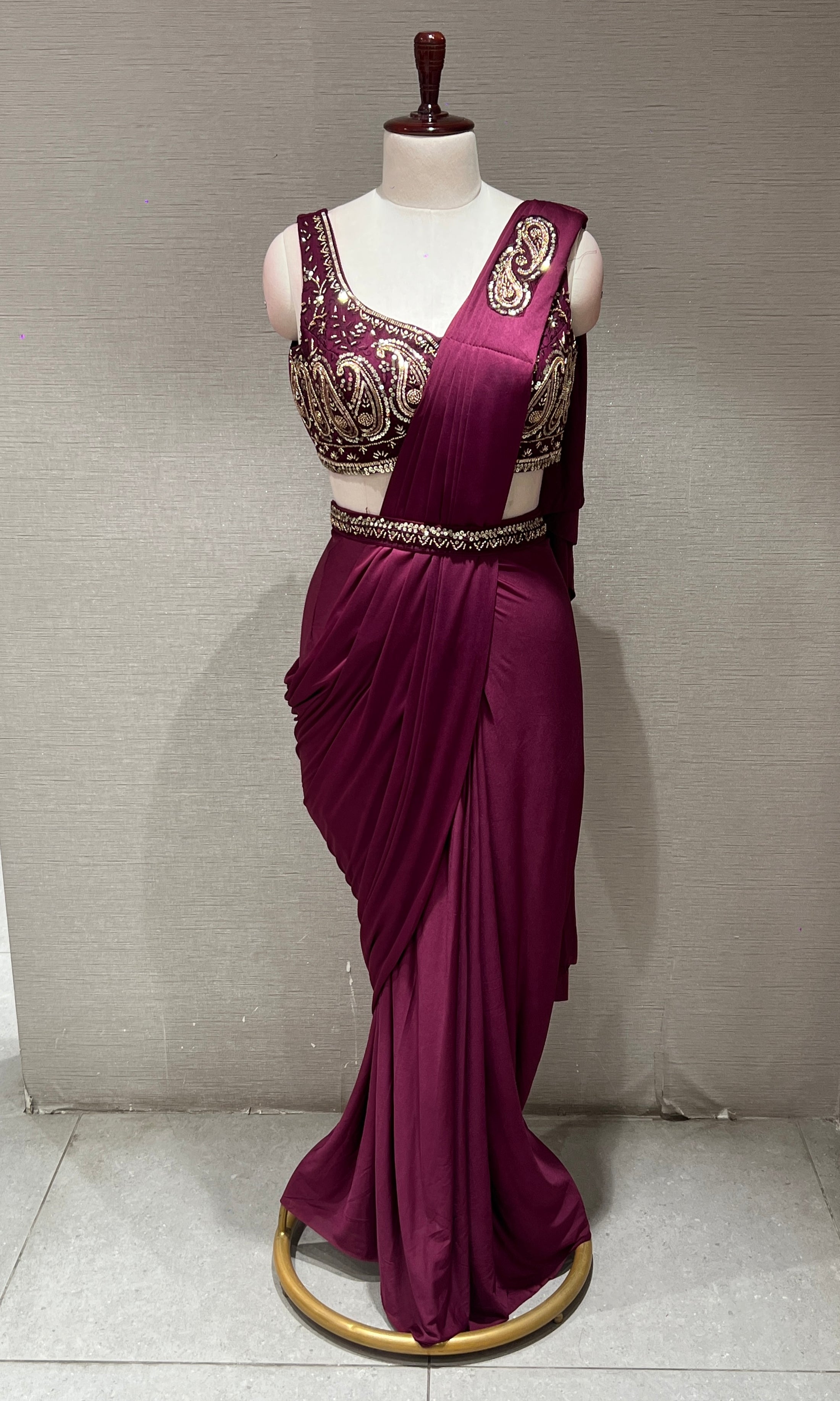 Royal Wine Embellished Drape Saree