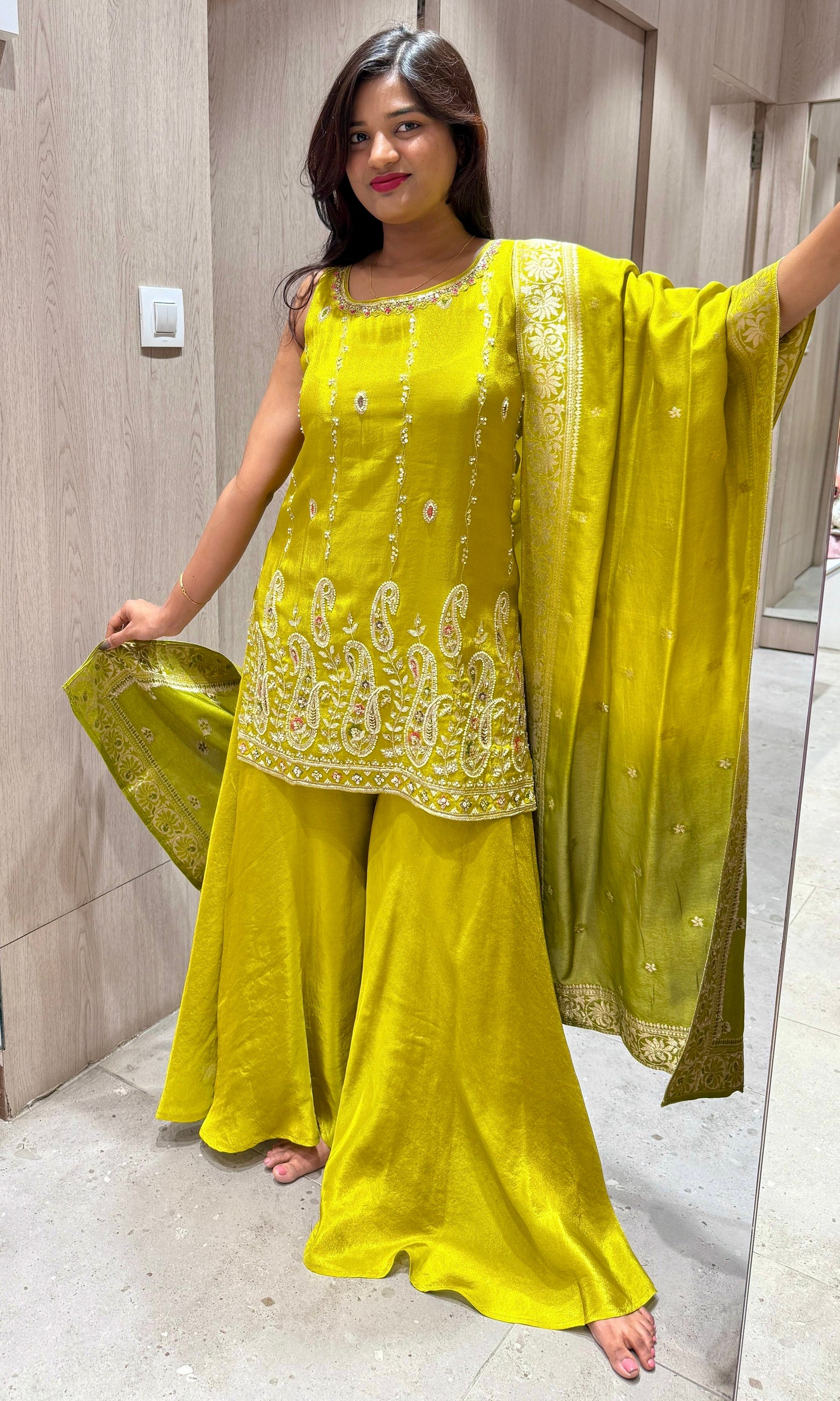 Green Glow Silk Embellished Sharara Set