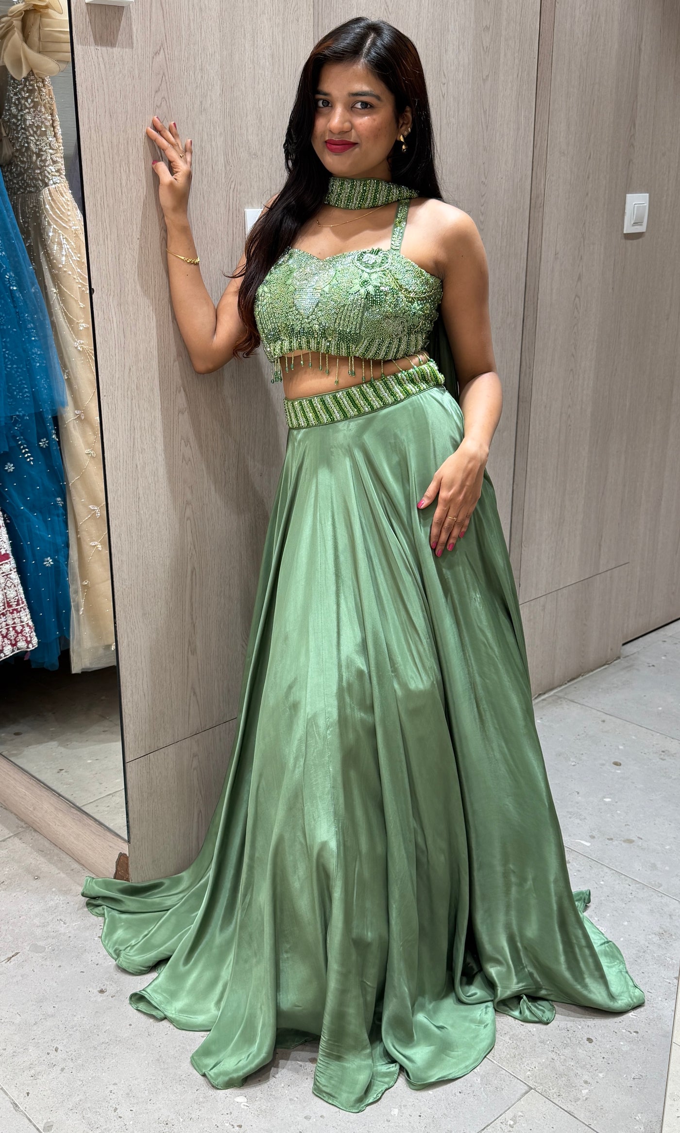 Green Sequin Embellished Lehenga